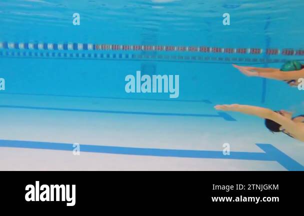 Woman athlete swims underwater in the pool. Slow motion of a female ...
