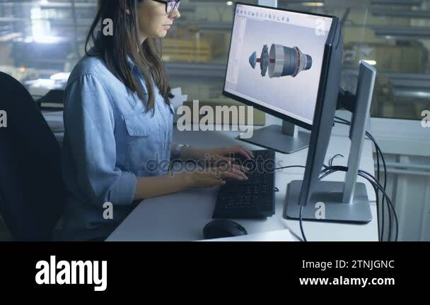 Female Industrial Engineer Works on 3D Turbine/Engine Model in CAD Software on Her Desktop ...