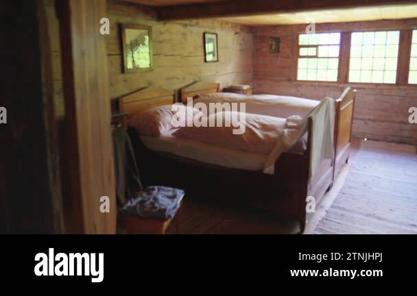Wooden Interior of rustic bedroom at farmhouse, old antique setting of ...