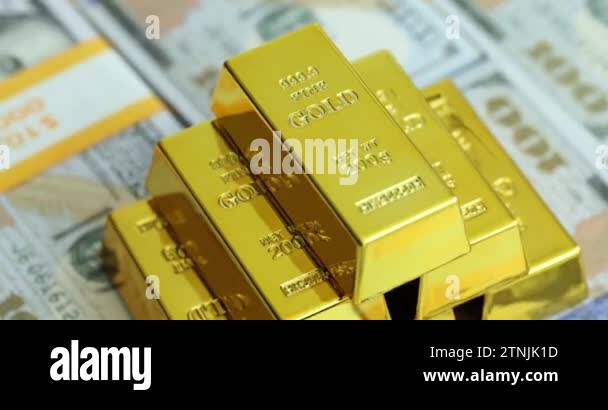 Pyramid from gold bars with bank stamps on stacks of dollar bills in ...