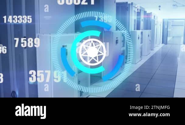 Animation of star in loading circles and changing numbers over server room in background ...