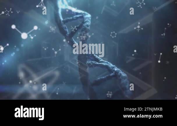 Animation of floating nucleotides and rotating dna helix over looping hexagon tunnel. Digitally ...
