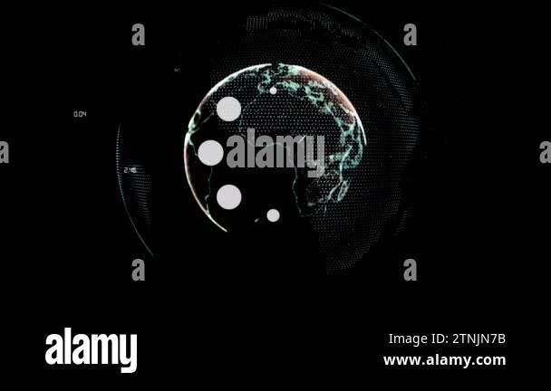 Animation of globe and loading circles data processing over black ...
