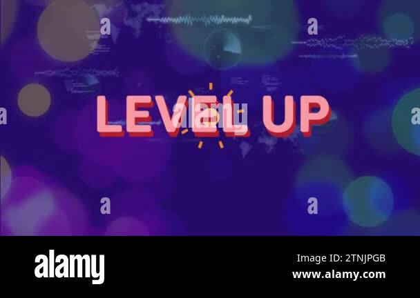 Animation of geometric shapes, level up text, map and computer language over blue background ...