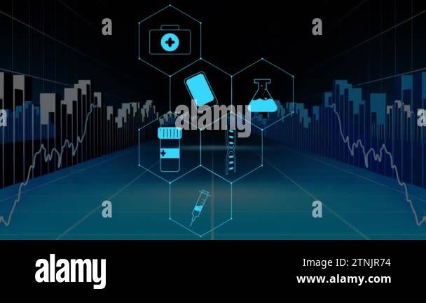 Animation of statistics charts and medical icons and data processing on ...