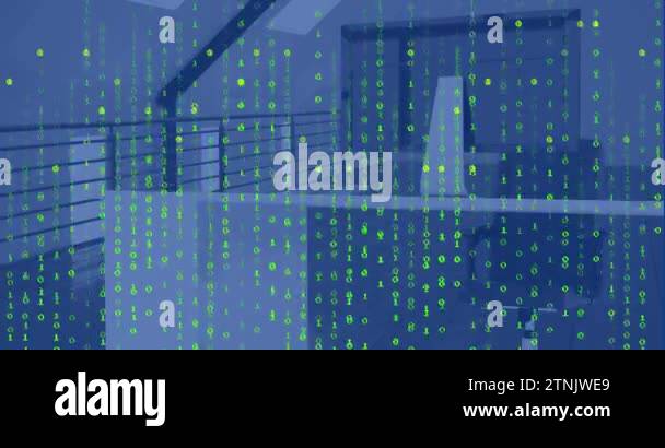 Animation of green falling binary codes over desktop and unoccupied chair in office. Digital ...