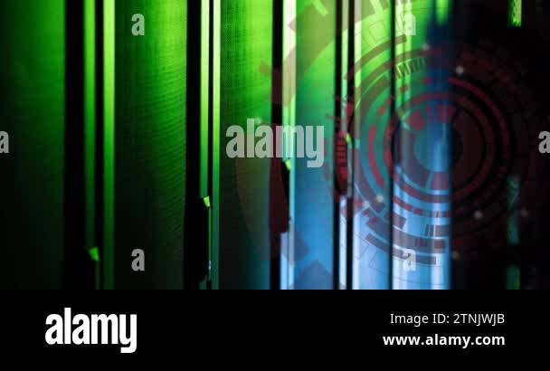 Animation of round scanner spinning against computer server room. Computer interface and ...