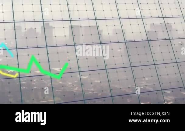 Animation of multiple graphs and grid over aerial view of silhouette ...