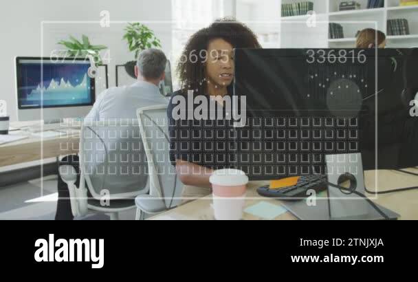 Animation of loading bar, squares, changing numbers, biracial woman ...