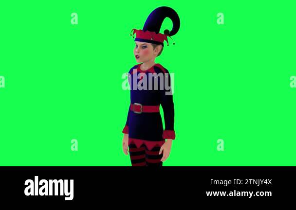 New Year's elf in red blue dress talking from right angle on green ...