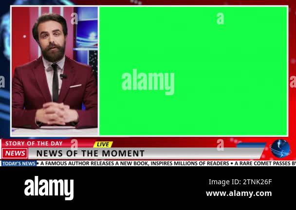 Journalist gives news with greenscreen on live television program ...