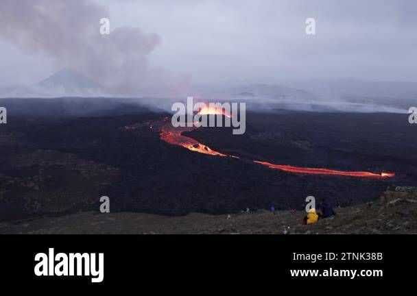 Panoramic footage of Litli-Hrtur Volcano Eruption with People Watching it. Iceland 28.7.2023 ...