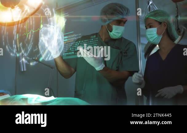 Futuristic simulation operating room - a surgeon diagnosing a senior ...