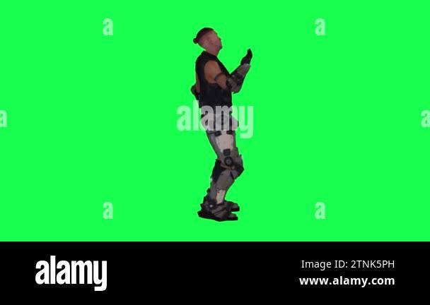Military soldier standing in heat waiting from left angle on green ...