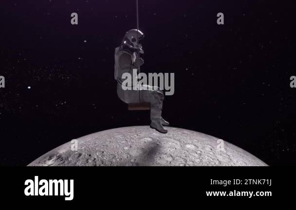 Astronaut on a swing in space. Spaceman and the planet Earth abstract ...
