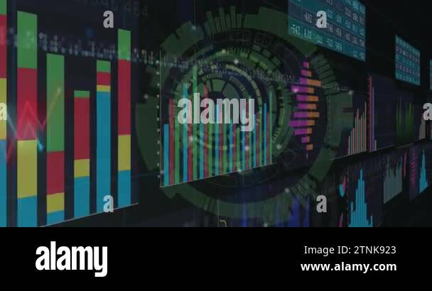 Animation of multiple graphs, numbers charts and loading circles against black background ...
