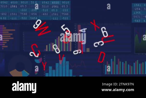 Animation of changing numbers and alphabets floating against statistical data processing ...