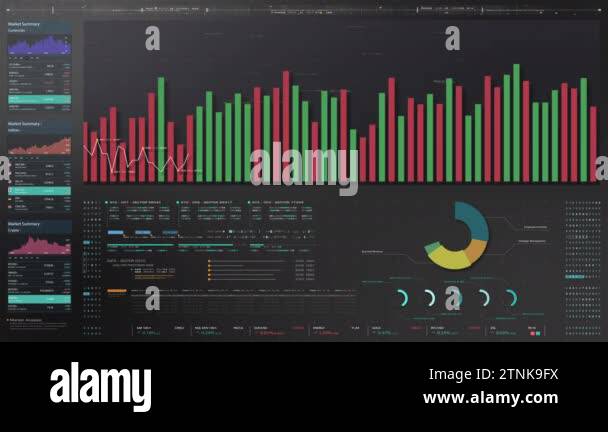 Interactive graphics, animated charts, and data-driven insights on a monitor display for a ...