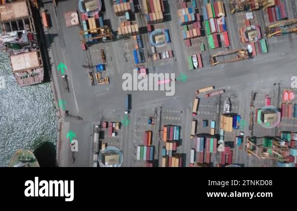 Birds eye shot of logistic site in harbour. International container ...