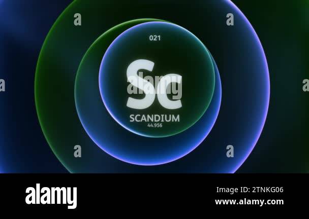 Scandium as Element 21 of the Periodic Table. Concept animation on abstract green blue gradient ...