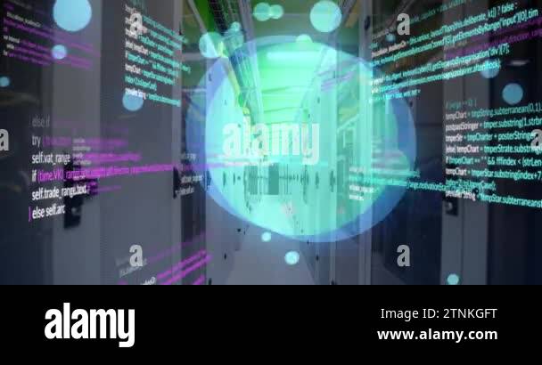 Animation of falling lens flares and computer language over server room ...