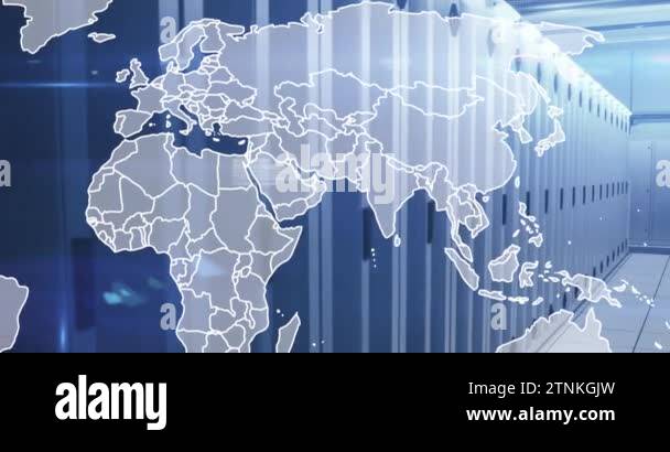 Animation of map, computer language and lens flares over server room in ...