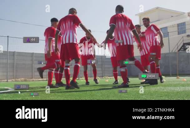 Animation of social media icons over team of diverse male soccer ...