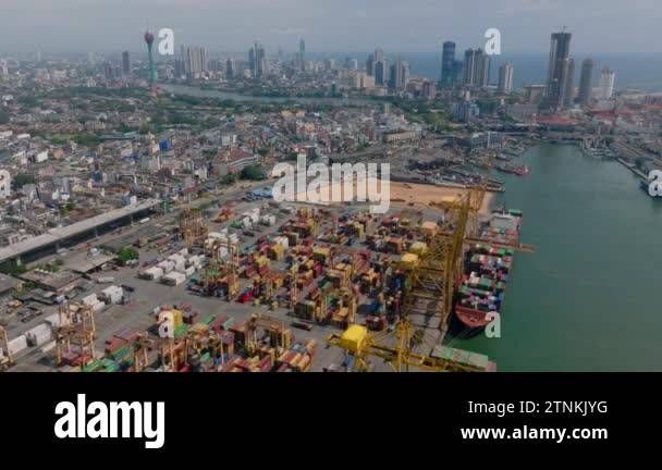 Aerial panoramic view of metropolis. Container logistic terminal in ...