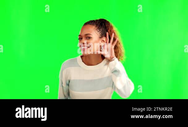 Woman, hear and speak louder sign with green screen and secret news ...