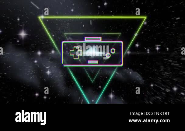 Animation of gaming console over looping triangles and lens flares on ...