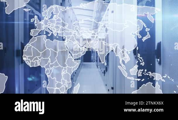 Animation of map and computer language over server room in background. Digital composite ...