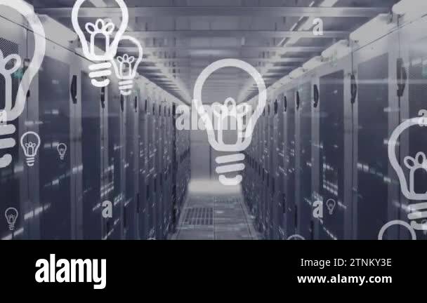 Animation Of Multiple Electric Bulb Icons Floating And Mosaic Squares Against Computer Server