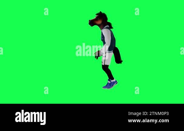 3D anthropomorphic horse break dancing from right angle on green screen ...