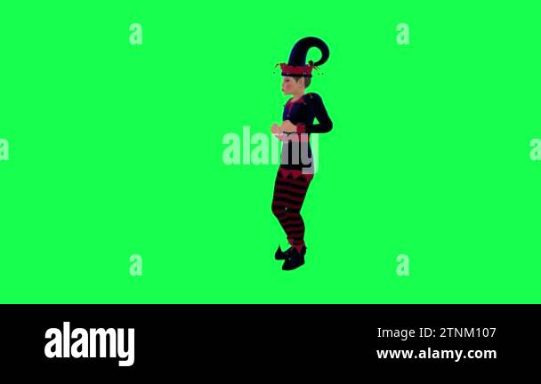 3D cartoon elf in red blue dress surprised and happy from right angle ...