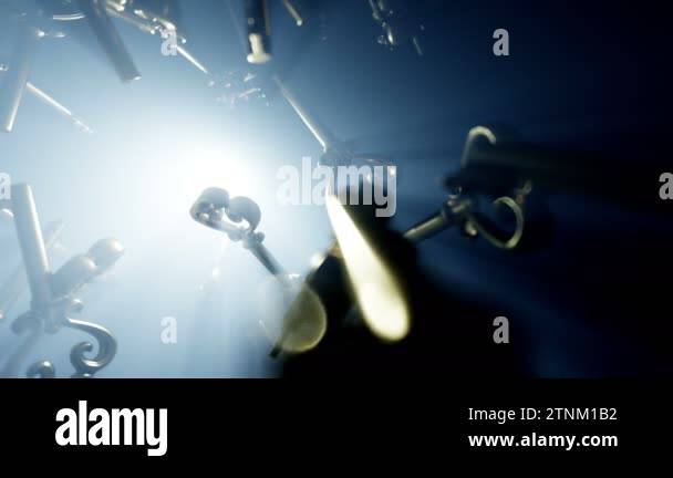 Retro vintage gold keys flying in dark. Volumetriclight, shine. Secret ...