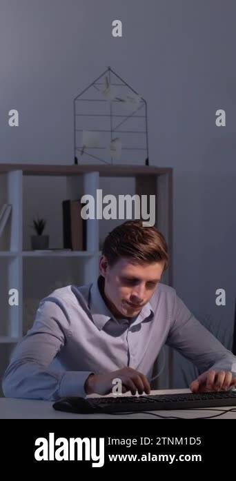 Vertical video. Many work. Tired busy man. Online communication. Office ...