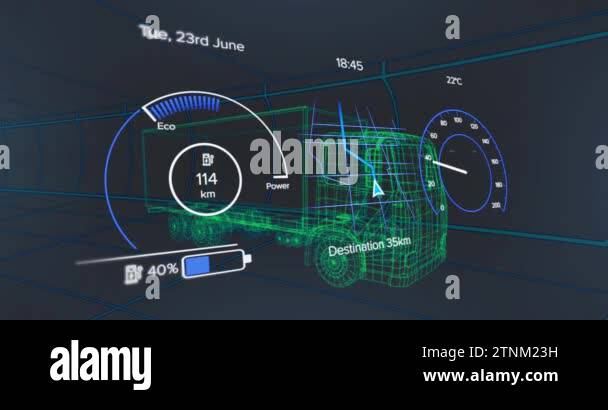 Animation of speedometers, loading battery icon over 3d model of truck ...