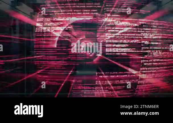 Animation of circular tunnel over looping computer language against server room in background ...