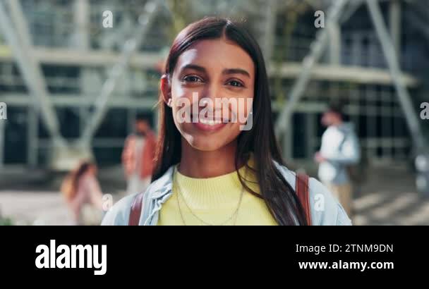 Face, woman and student smile at college for education, learning and ...