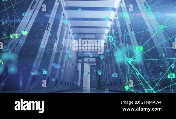 Animation of connected icons, mathematical equation, computer language over server room. Digital ...