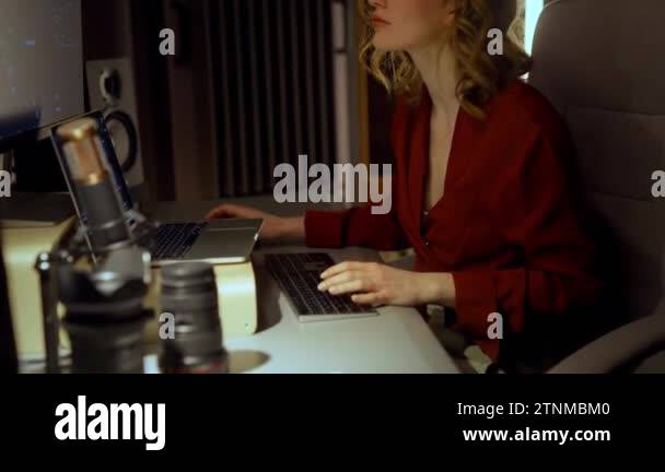Beautiful Female Designer Typing Keyboard While Working On Laptop And