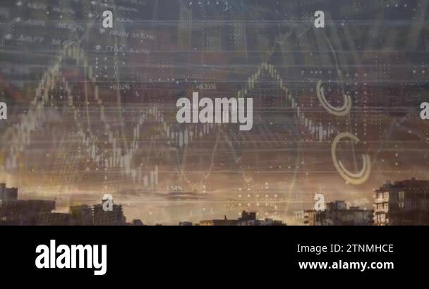 Animation of graphs with numbers and trading boards over silhouette of ...