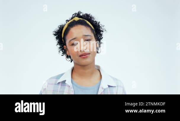 Yawn, hand and woman face on studio bored, annoyed and unhappy on white ...