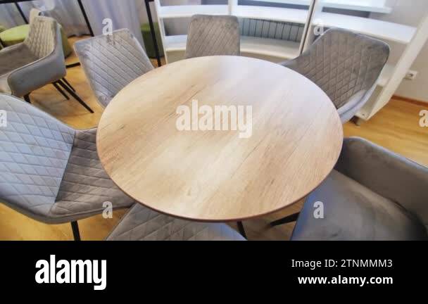 Round discussion tables for team works in school auditorium. Classroom ...