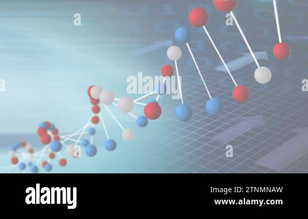 Animation Of Rotating Dna Helix Over Arrows And Grid Pattern On Blue