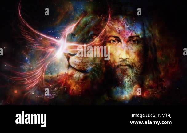 Painting of Jesus with a lion and phoenix, on beautiful cosmic ...