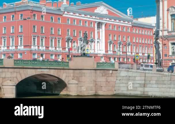 Anichkov Bridge is first and most famous bridge across Fontanka River timelapse. SAINT ...