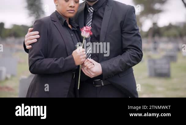 Rose, death or couple in cemetery for funeral. spiritual service or ...