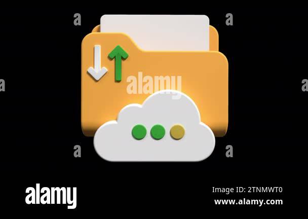 Cloud storage 3d animation. File transfer concept. Cloud download and upload icon. Digital file ...