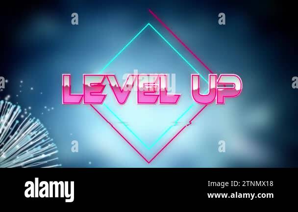 Animation of level up text over neon lines and blue glowing background. Global video game ...